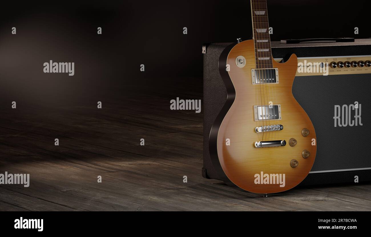 Rock Electric Guitar with amplifier on stage Stock Photo - Alamy