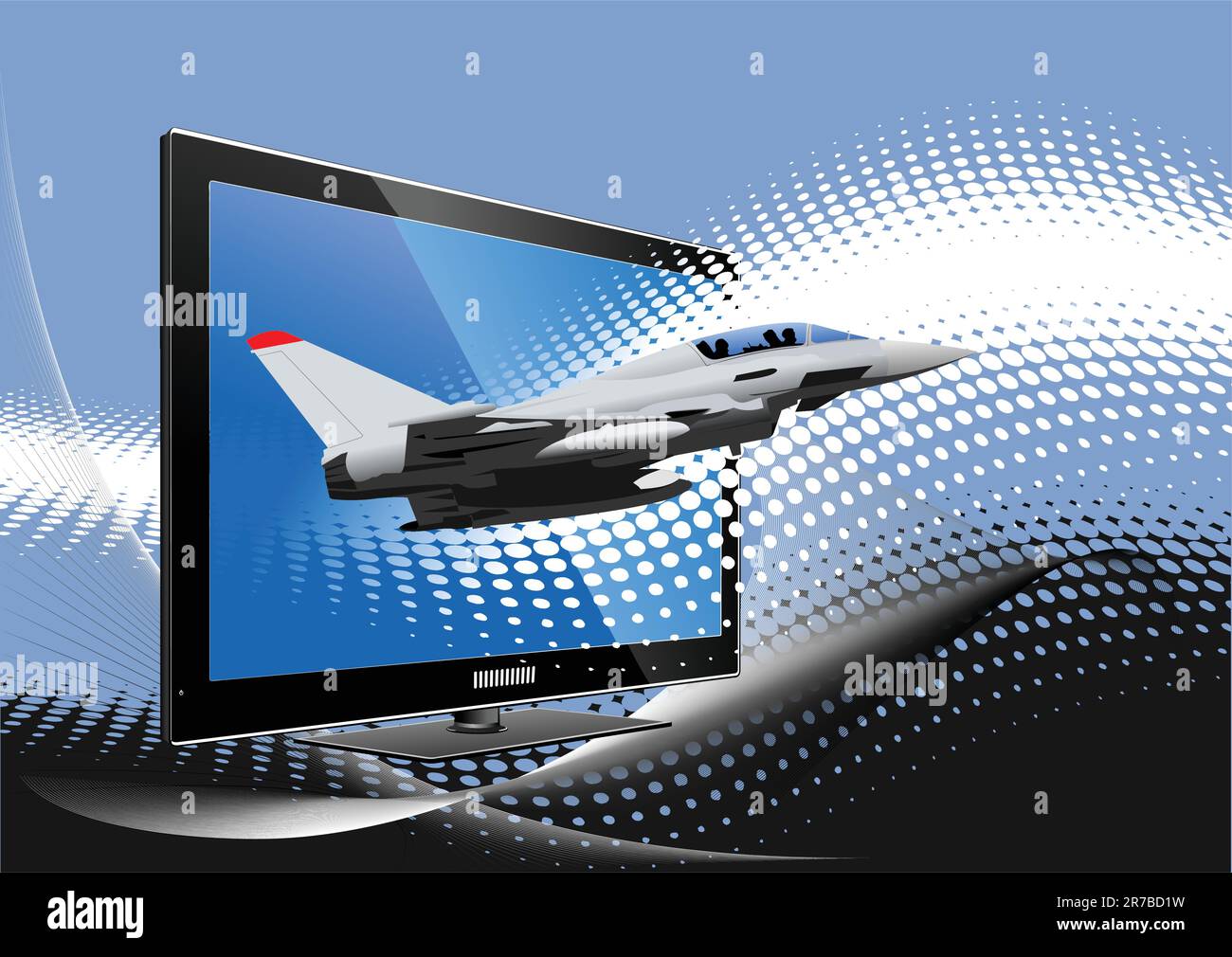 Blue dotted background with Flat computer monitor with air force combat ...
