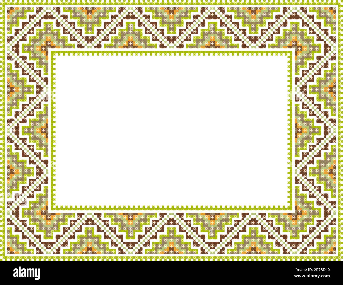 vector folk Rectangular Frame Cross-stitch in green and brown Stock ...