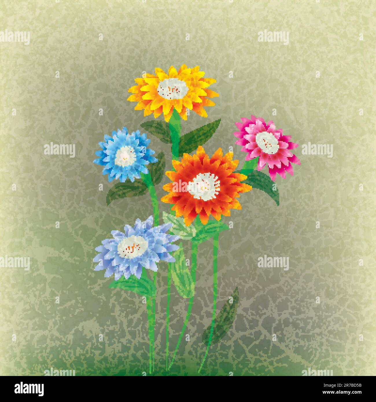 abstract floral illustration with color flowers on cracked background ...