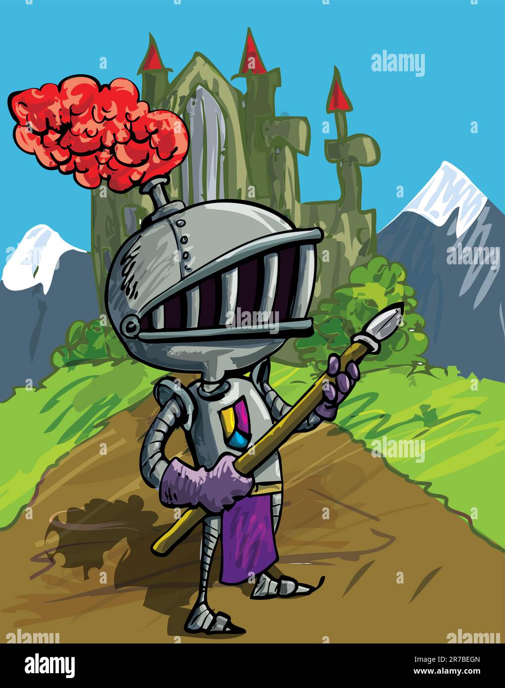 Cartoon knight in armour with a spear. He is in a field in front of a ...