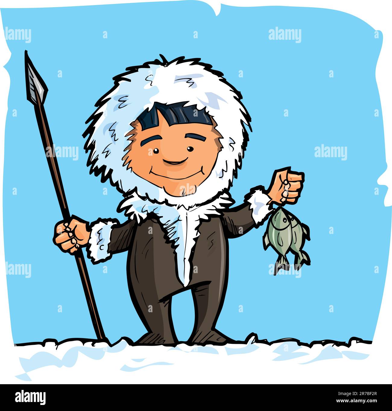 Cartoon eskimo with a spear and a fish. Blue sky and snow behind Stock ...