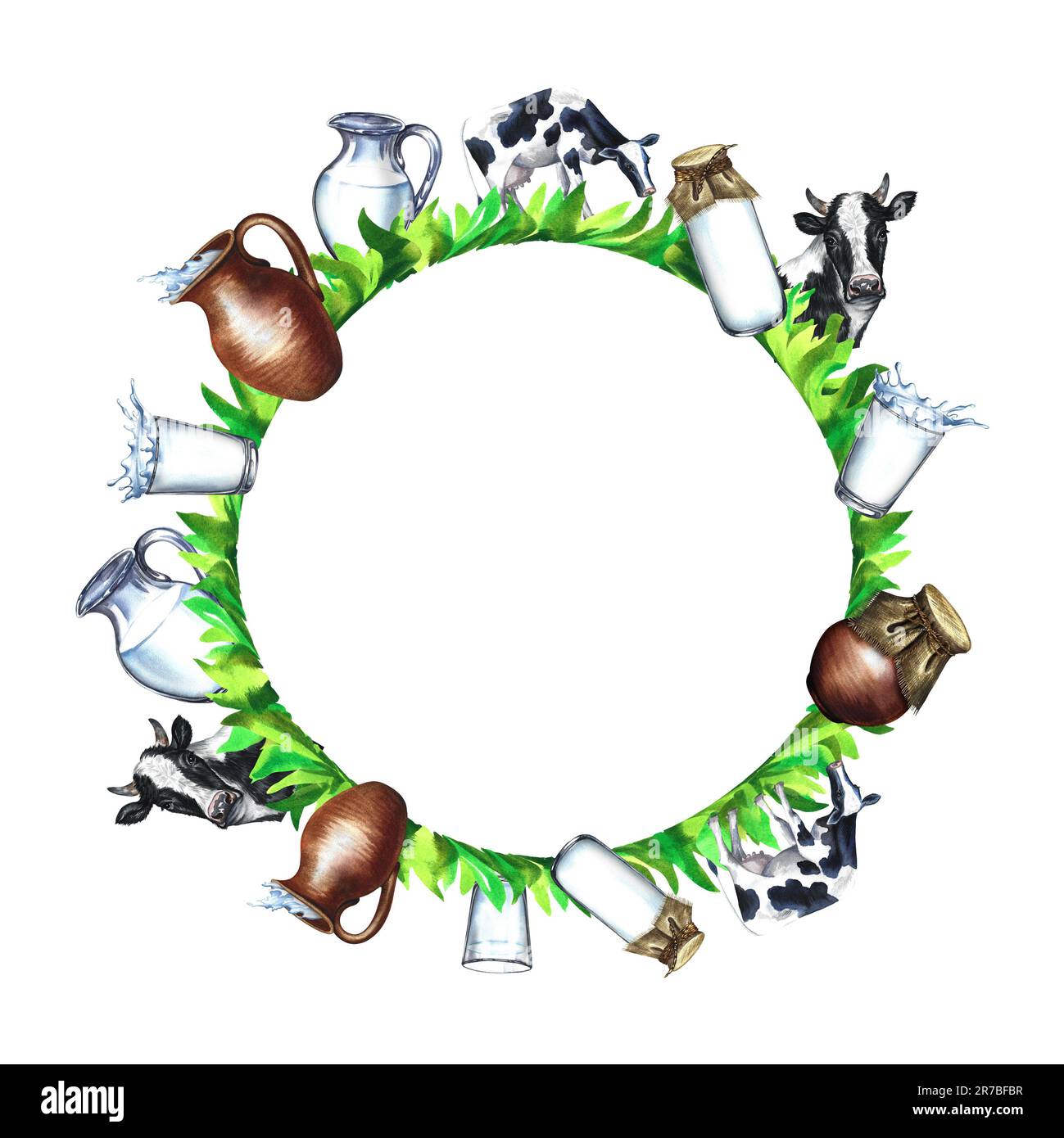 Cows and dairy products in ceramic and glassware on the grass. Round ...
