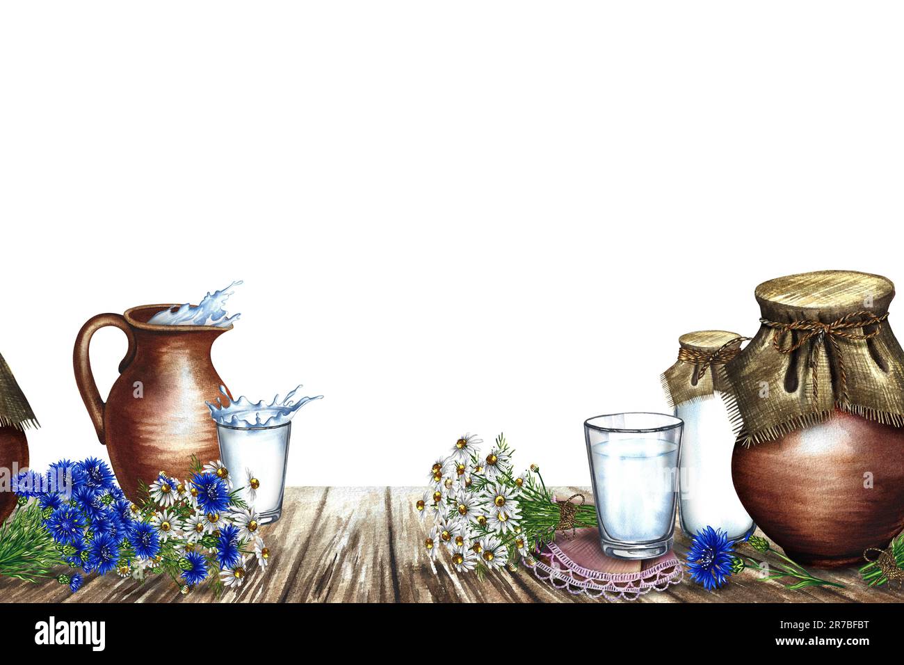 Dairy products in ceramic and glassware on a wooden table. Seamless ...