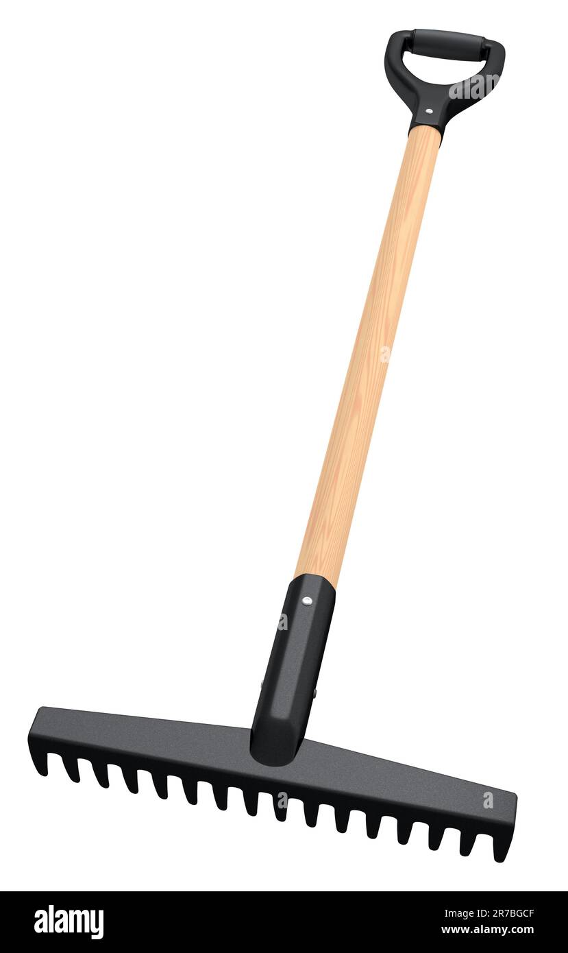 Garden rake with wooden handle for harvesting hay isolated on white ...