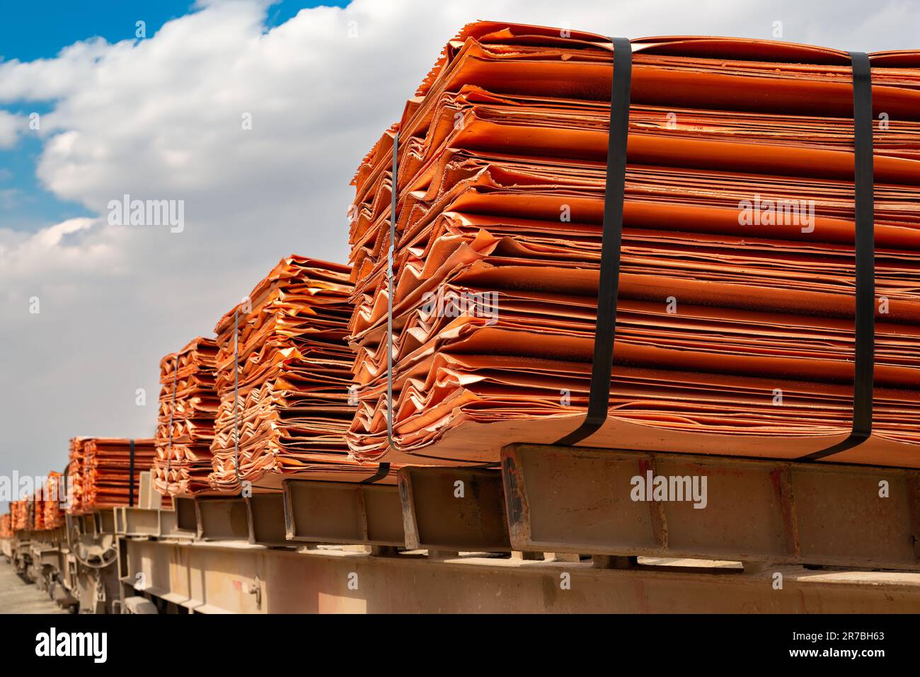 Copper cathodes loaded on a train in a copper mine ready to be ...