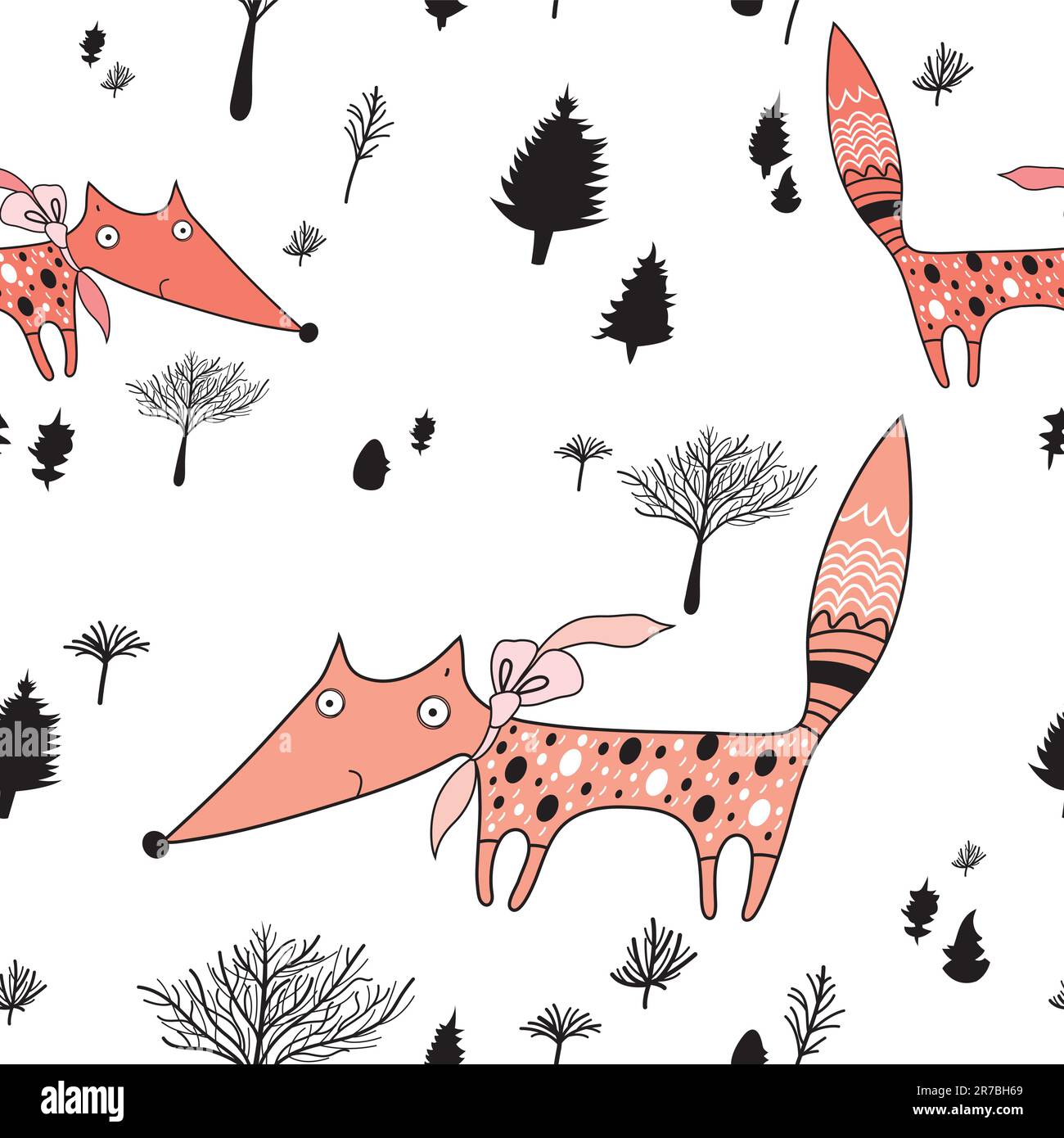 seamless graphic pattern of red foxes in the woods on a white ...