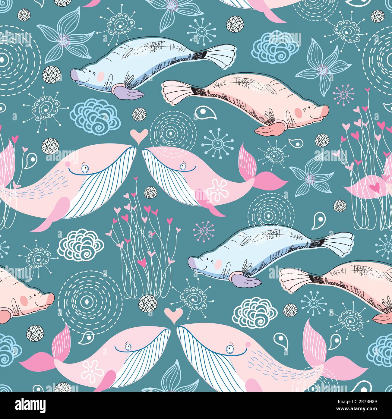 seamless pattern of manatees and whales at the plant a blue background ...