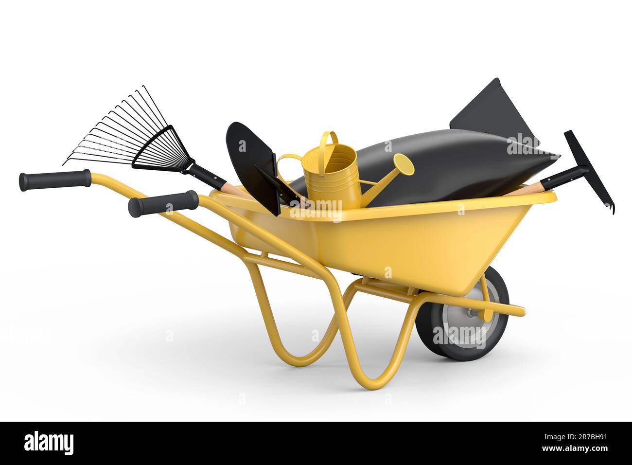 Garden wheelbarrow with garden tools like shovel, watering can and fork ...
