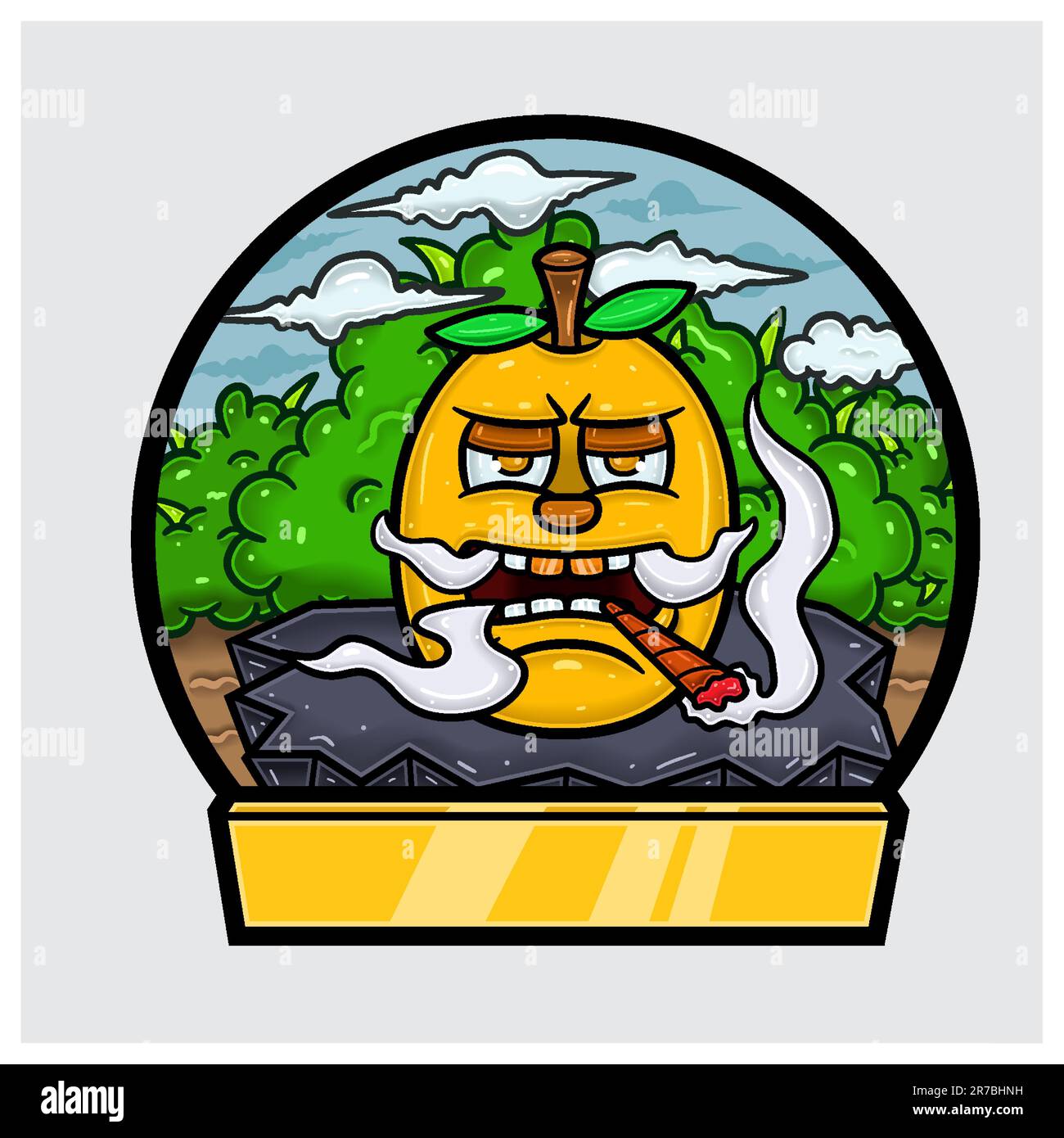 Cartoon Mascot of Mango Character Do Smoking In Jungle. Blank Sign and ...
