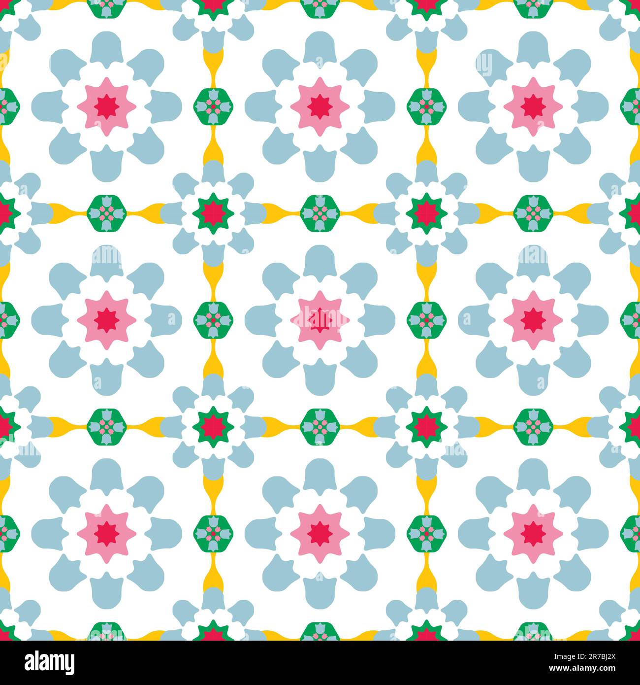 Texture design (seamless tiles) with flowers and stars in pink, red, blue, green, yellow Stock ...