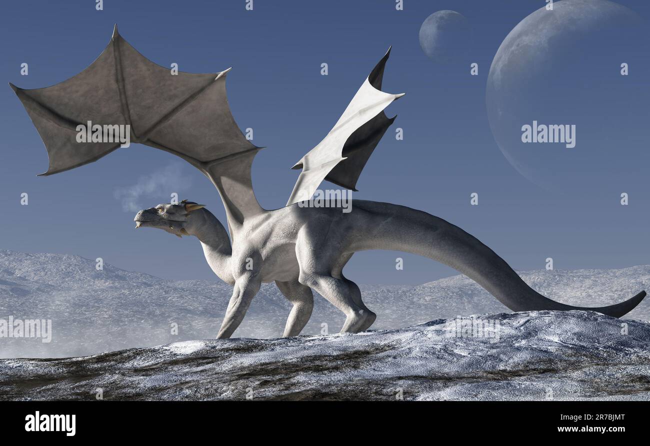 A winged white dragon with smoke drifting from its nostrils stands on a ...