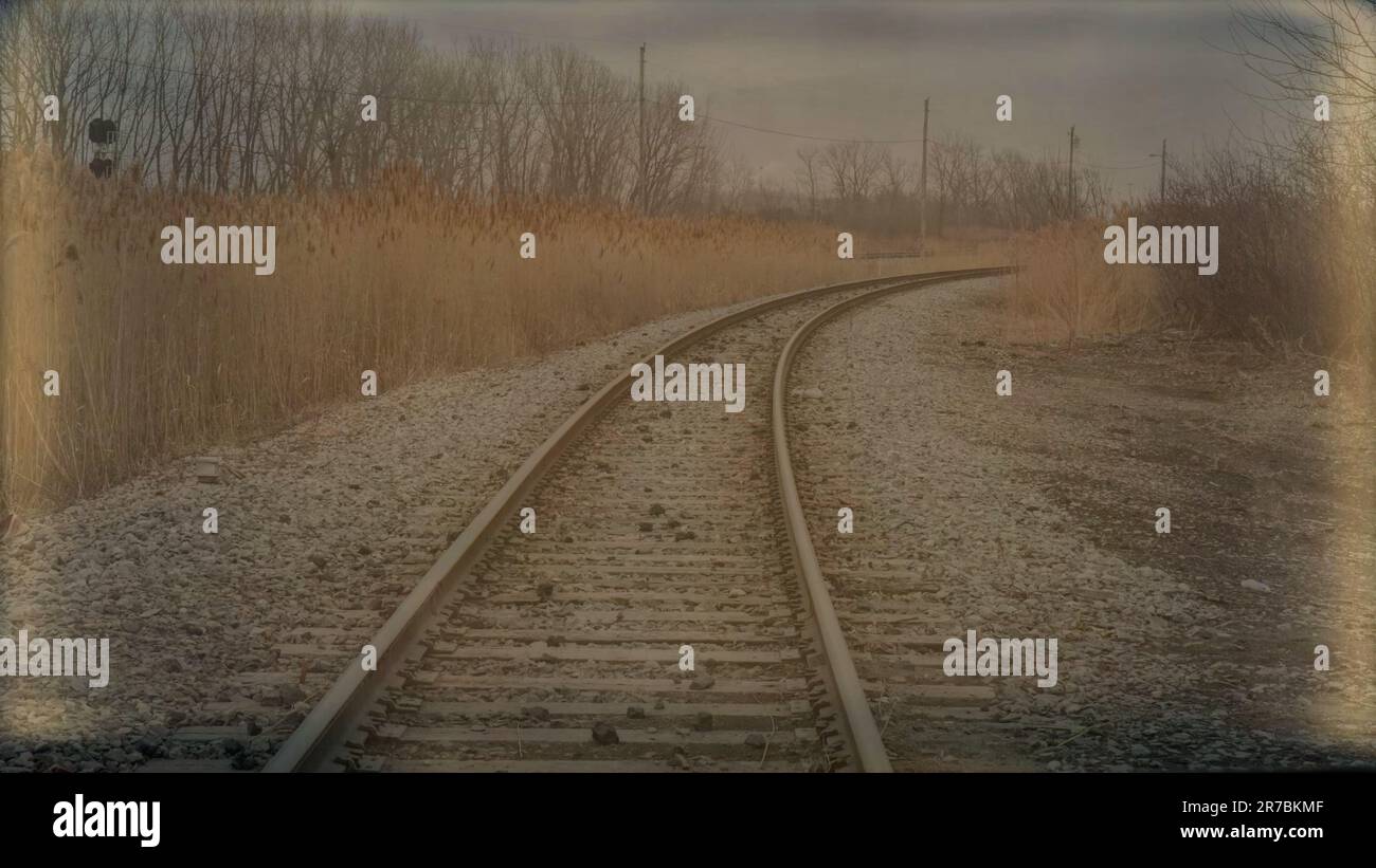 Low angle view of empty railroad train tracks for graphic resources ...