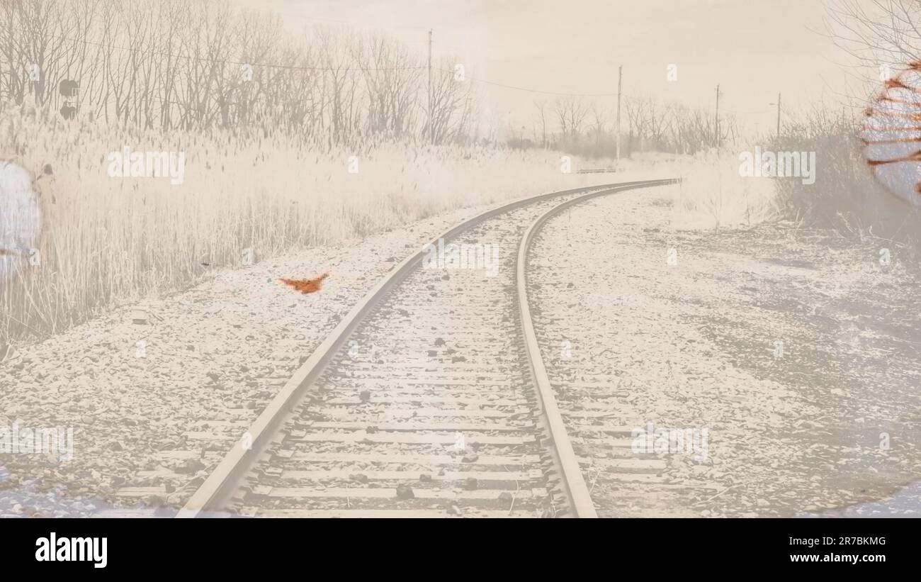 Low angle view of empty railroad train tracks for graphic resources ...