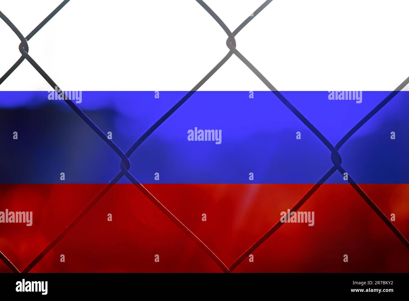 Flag of Russia closeup of a chain link fence. Wire fence on the ...