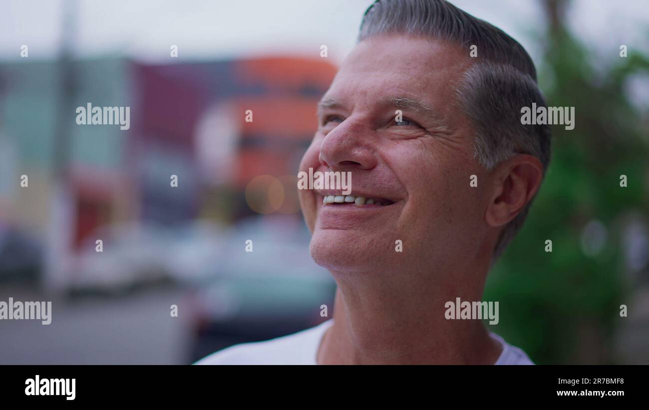 Grateful senior man opening eyes to sky with HOPE and FAITH ...