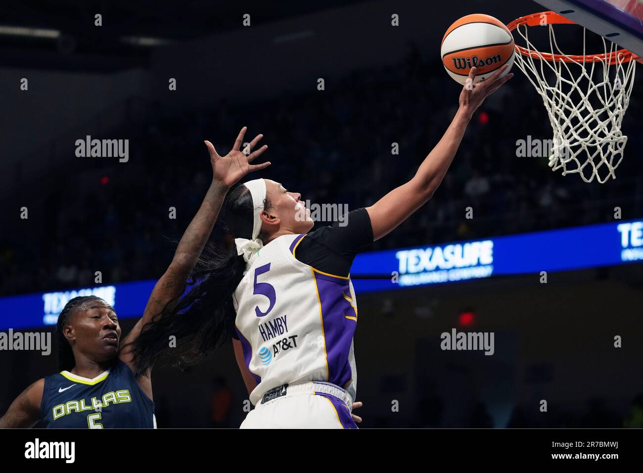 Los Angeles Sparks forward Dearica Hamby (5) scores against Dallas ...