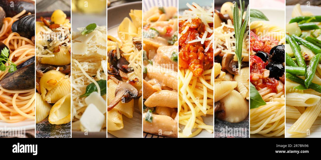 Collage with different types of Italian pasta, closeup Stock Photo - Alamy