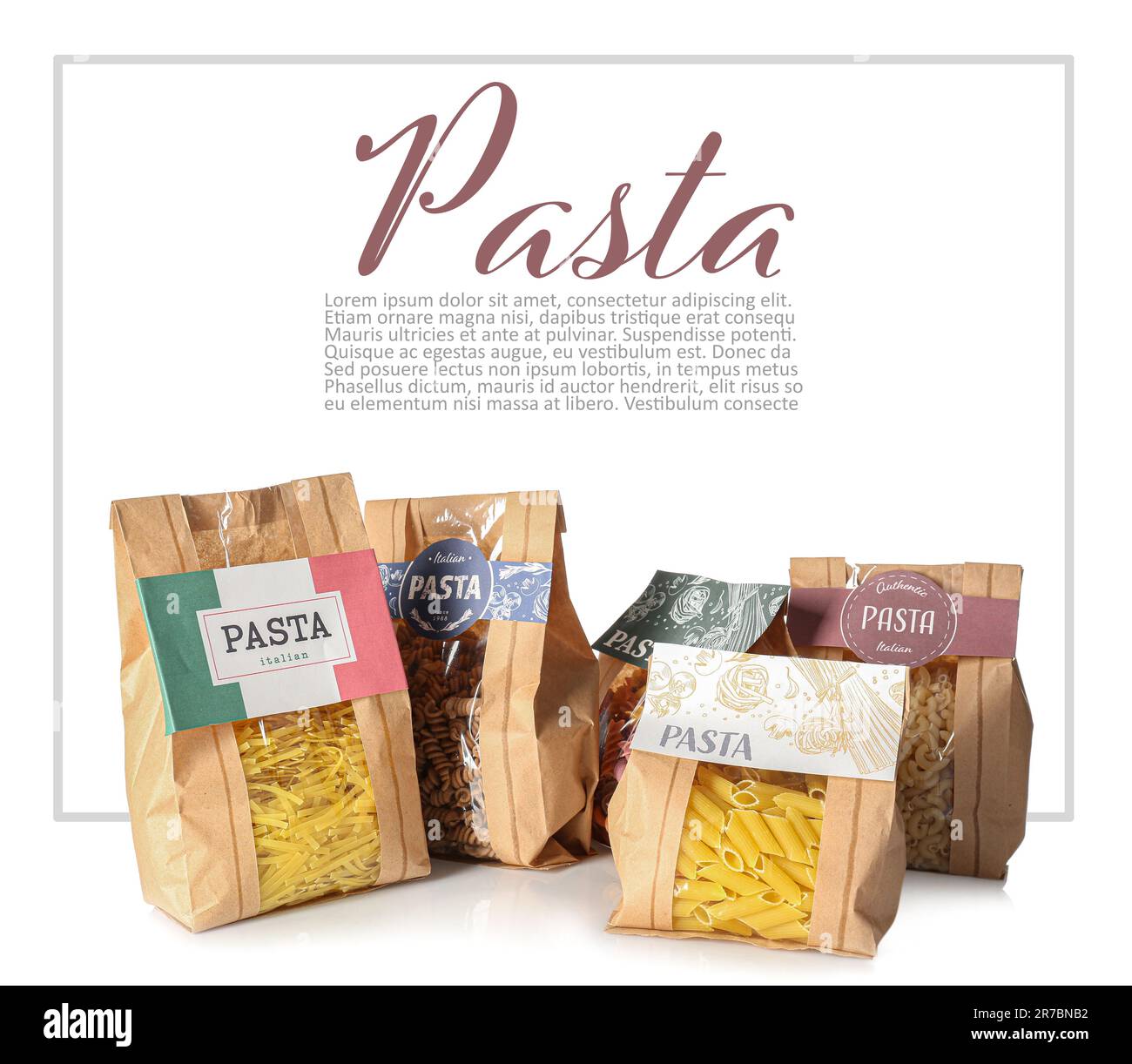 Bags with different types of pasta on white background with space for ...