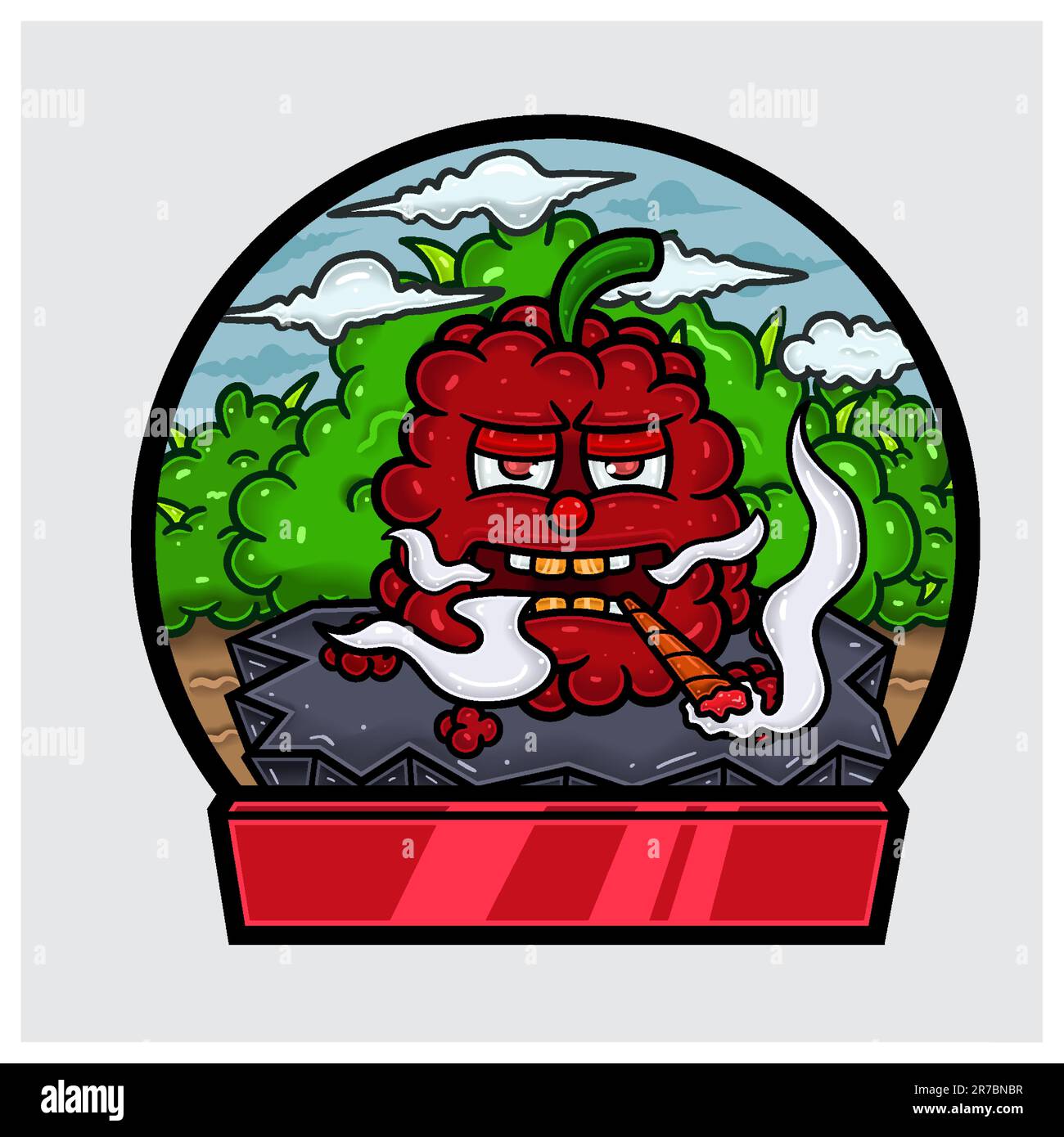 Raspberry Fruit Cartoon Character Do Smoking In Jungle. Blank Sign and ...