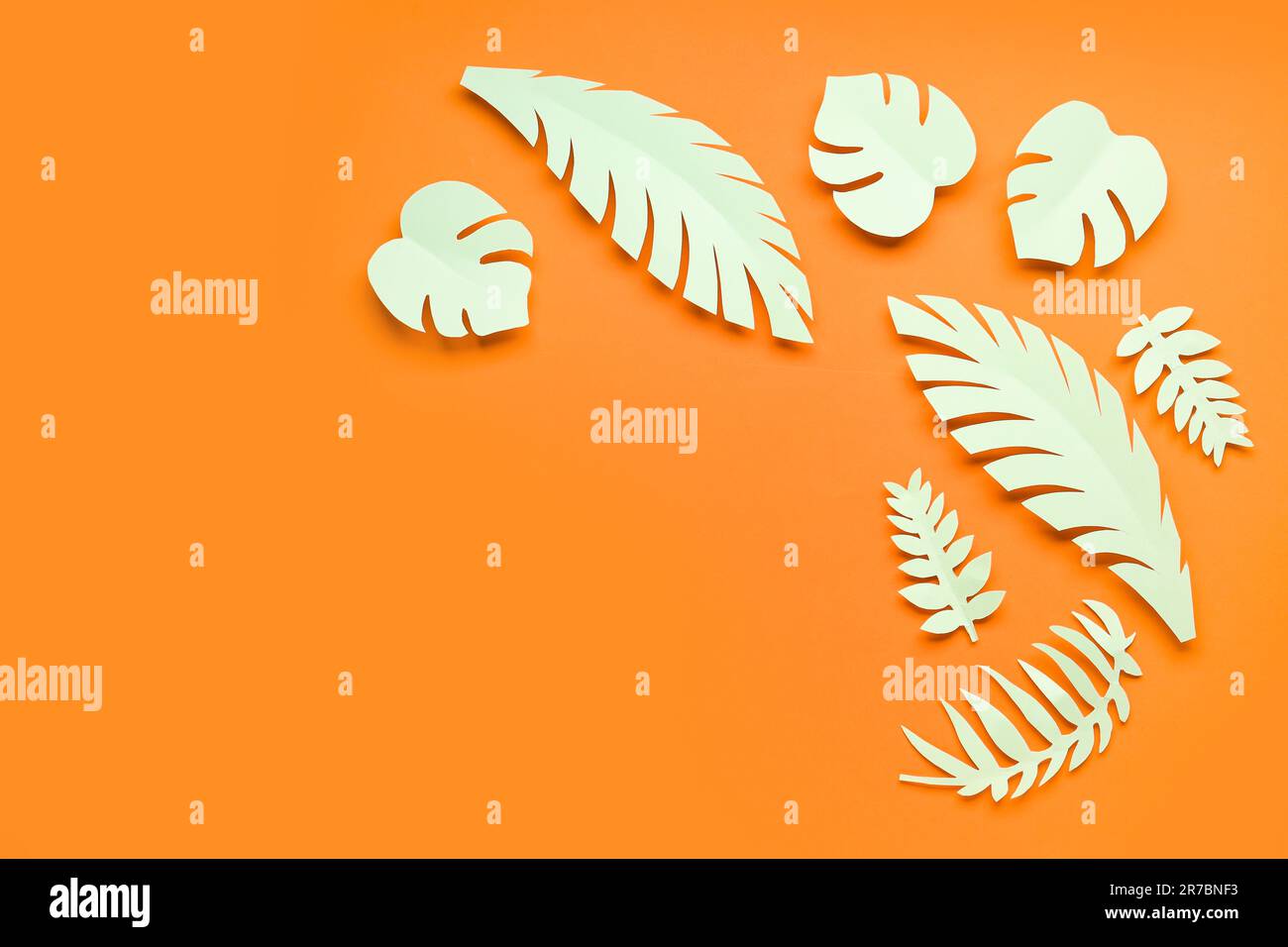 Light paper tropical leaves on orange background Stock Photo - Alamy
