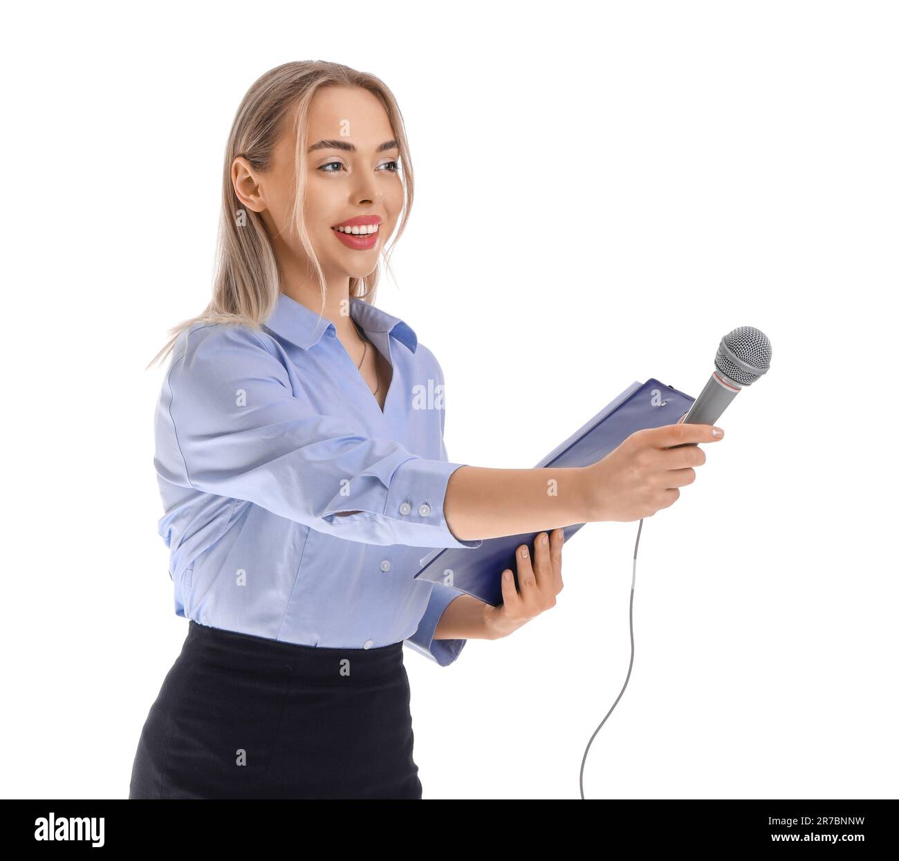Female journalist with microphone and clipboard on white background ...