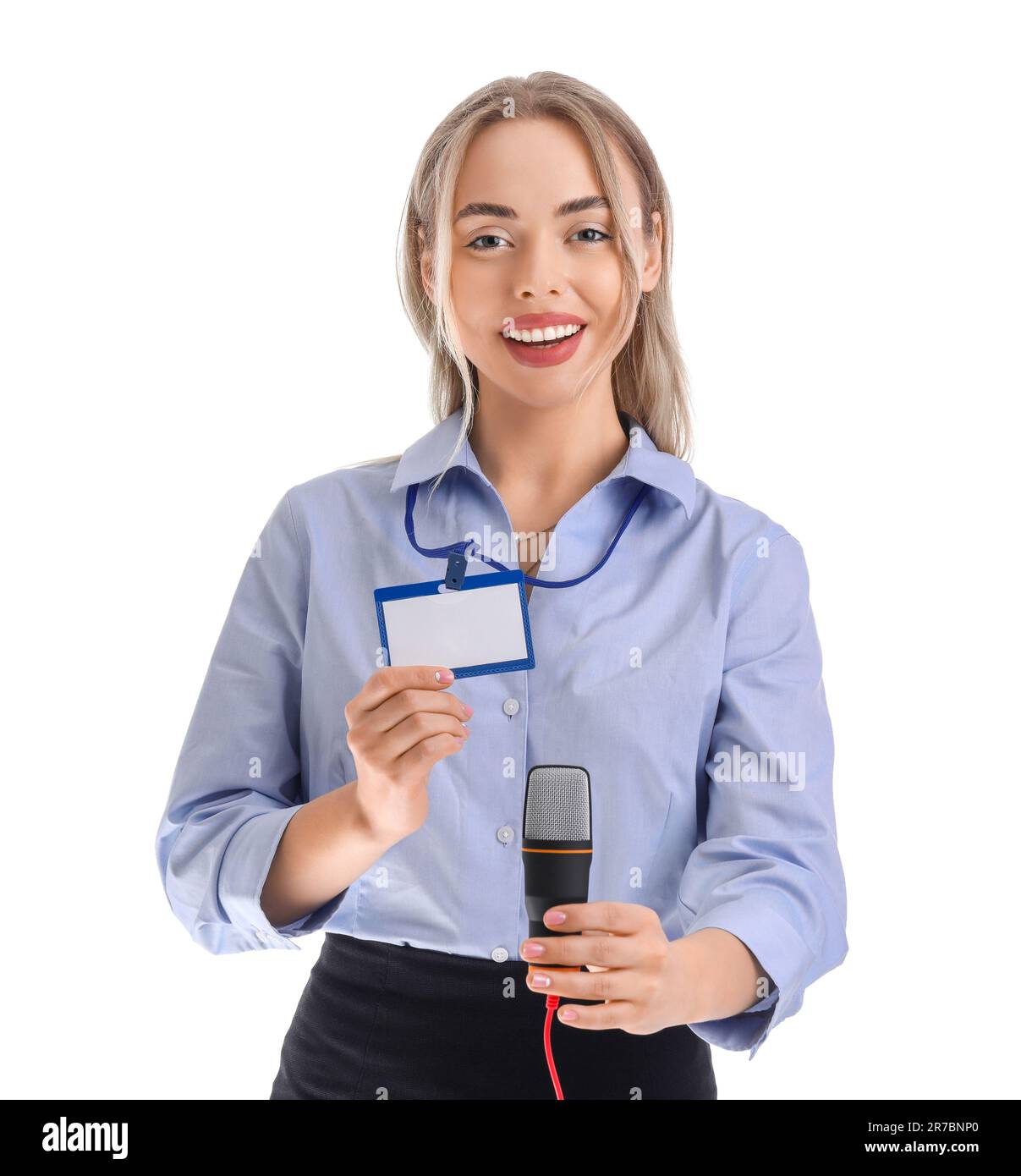 Female journalist with microphone and badge on white background Stock ...