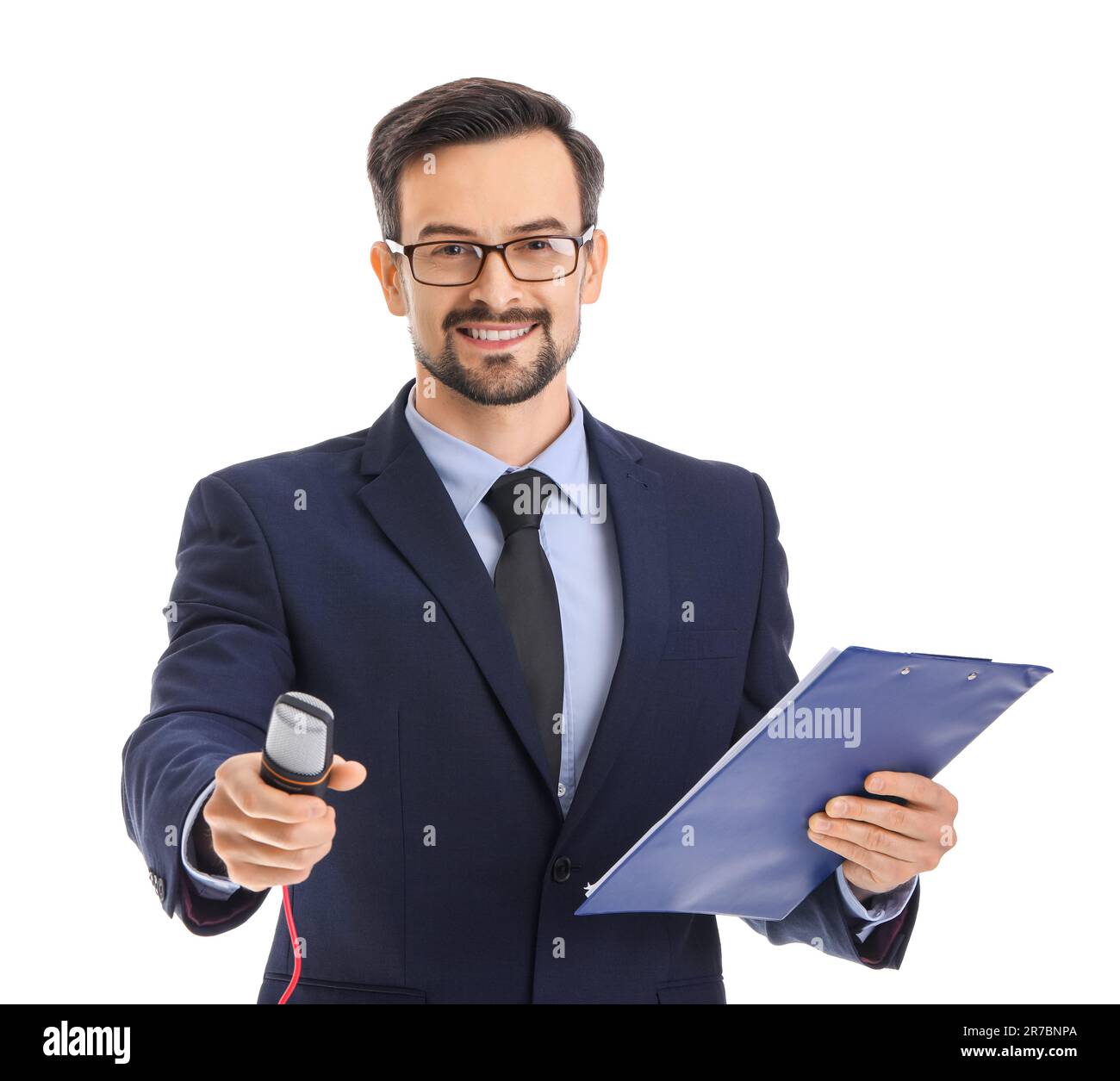 Male journalist with microphone and clipboard on white background Stock ...