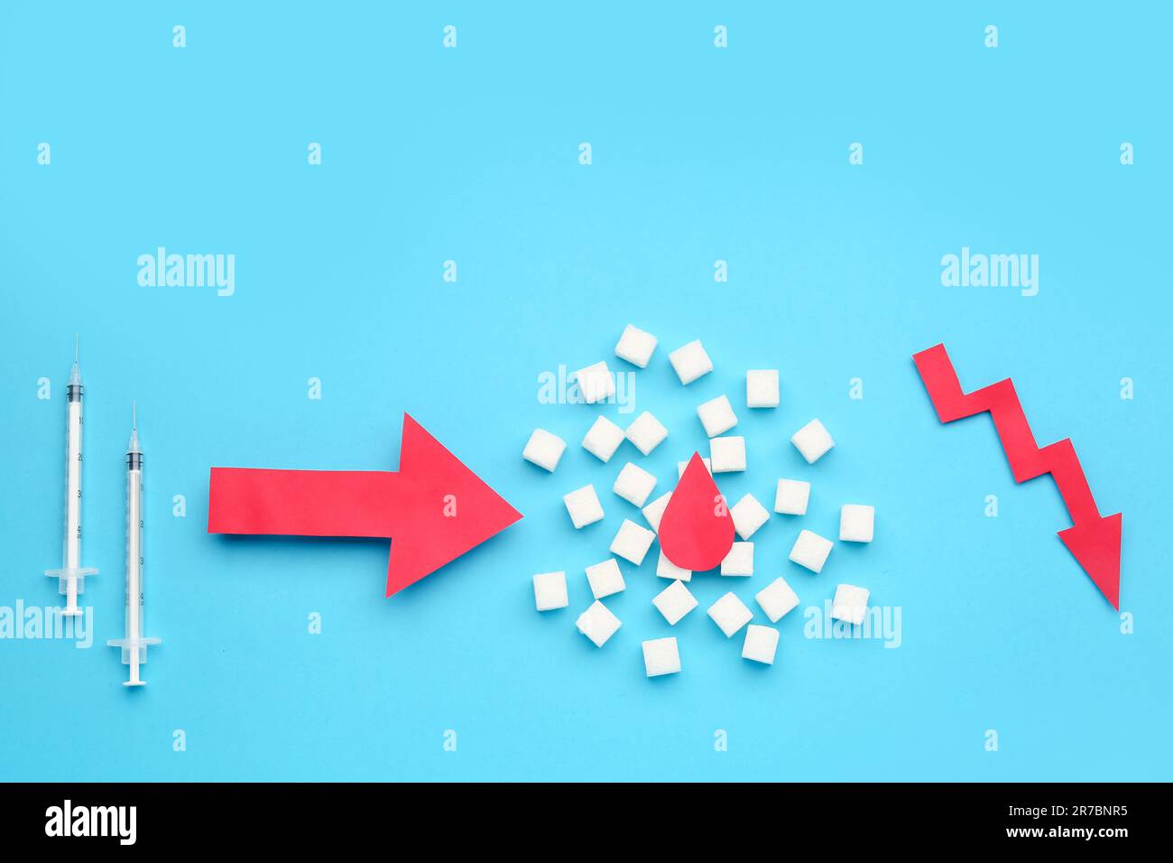 Sugar with blood drop, arrows and syringes for insulin injection on ...