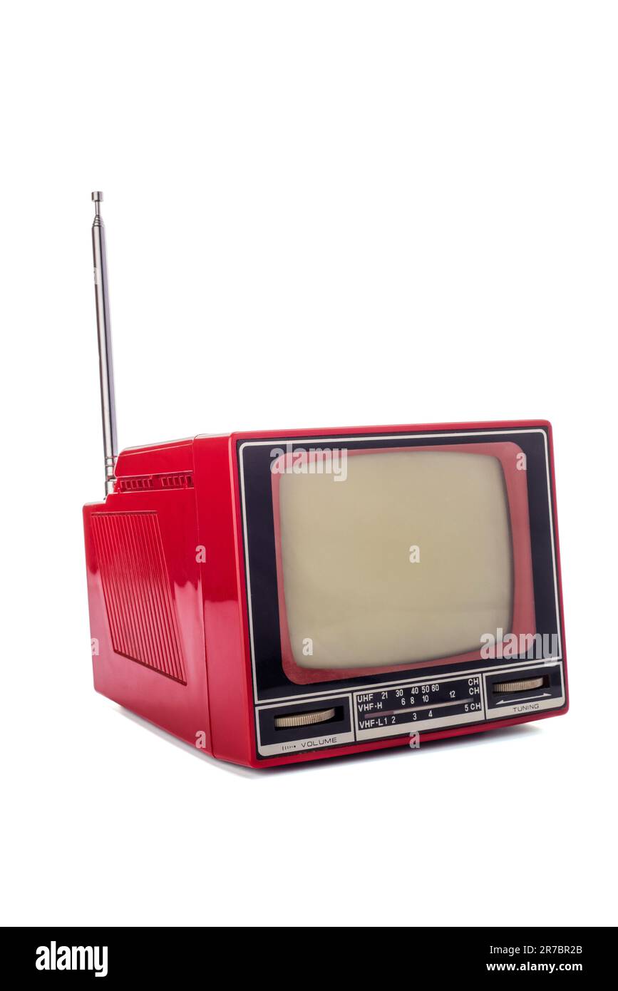 Old vintage portable TV set on white background. Retro technology ...