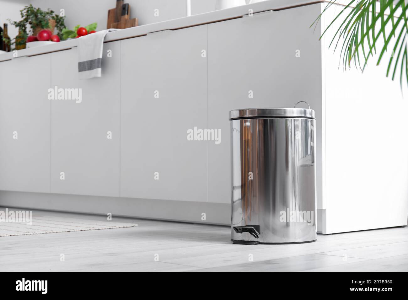 Metallic trash bin in interior of modern kitchen Stock Photo - Alamy