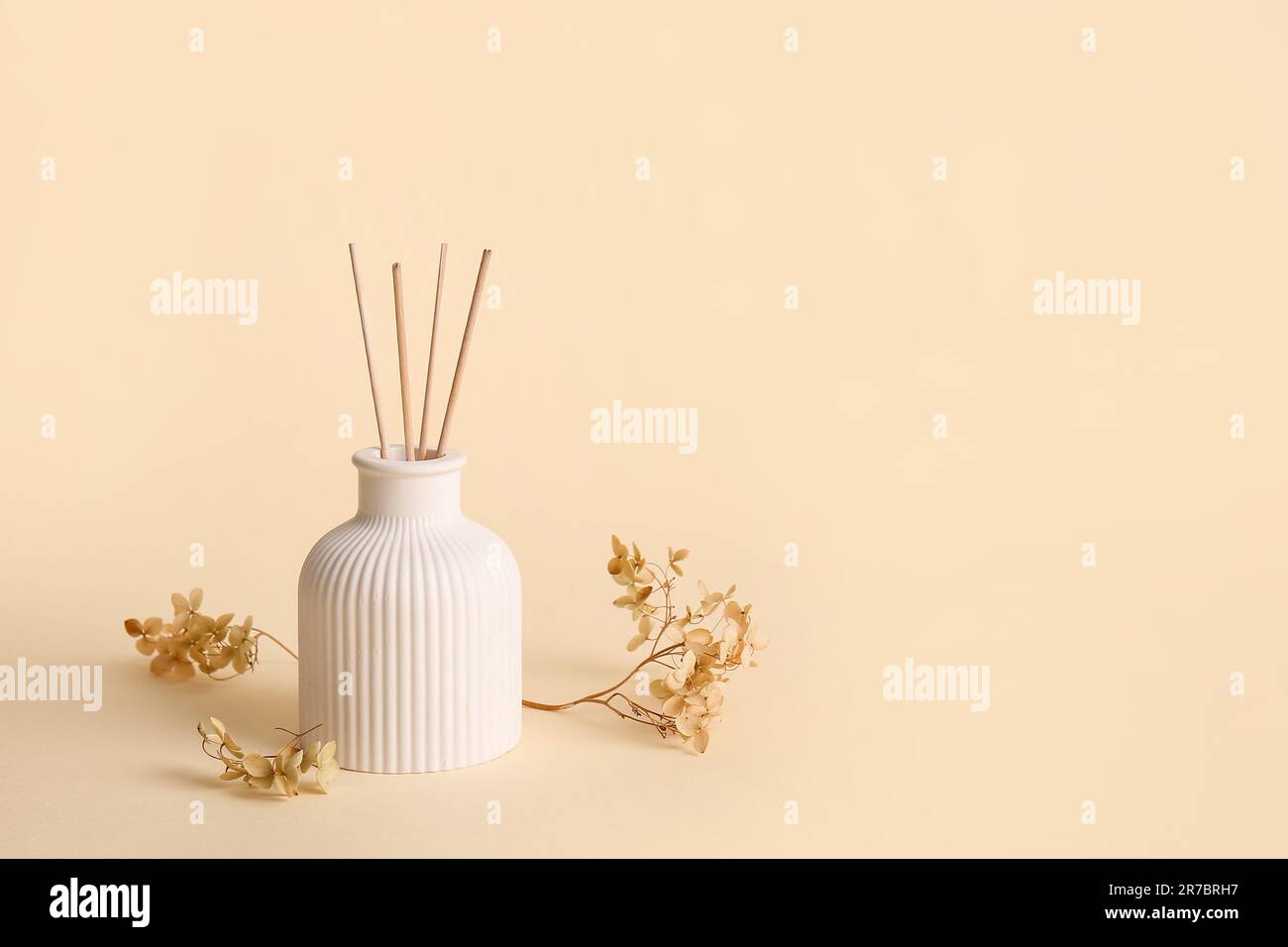 Floral reed diffuser and hydrangea flowers on beige background Stock ...