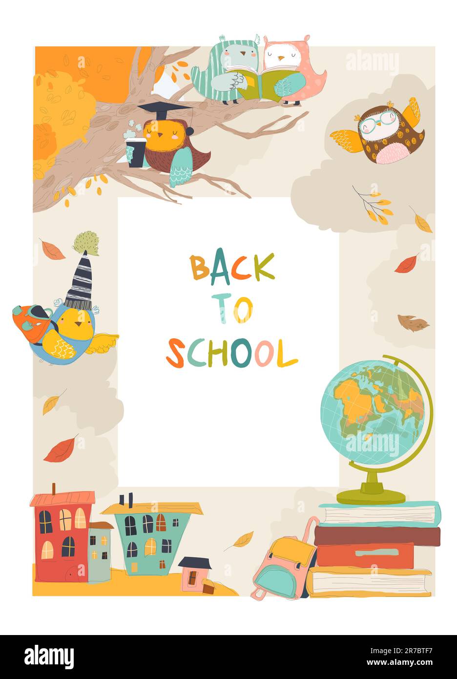 Cute Cartoon Frame with Colorful Owls and Books Stock Vector Image ...