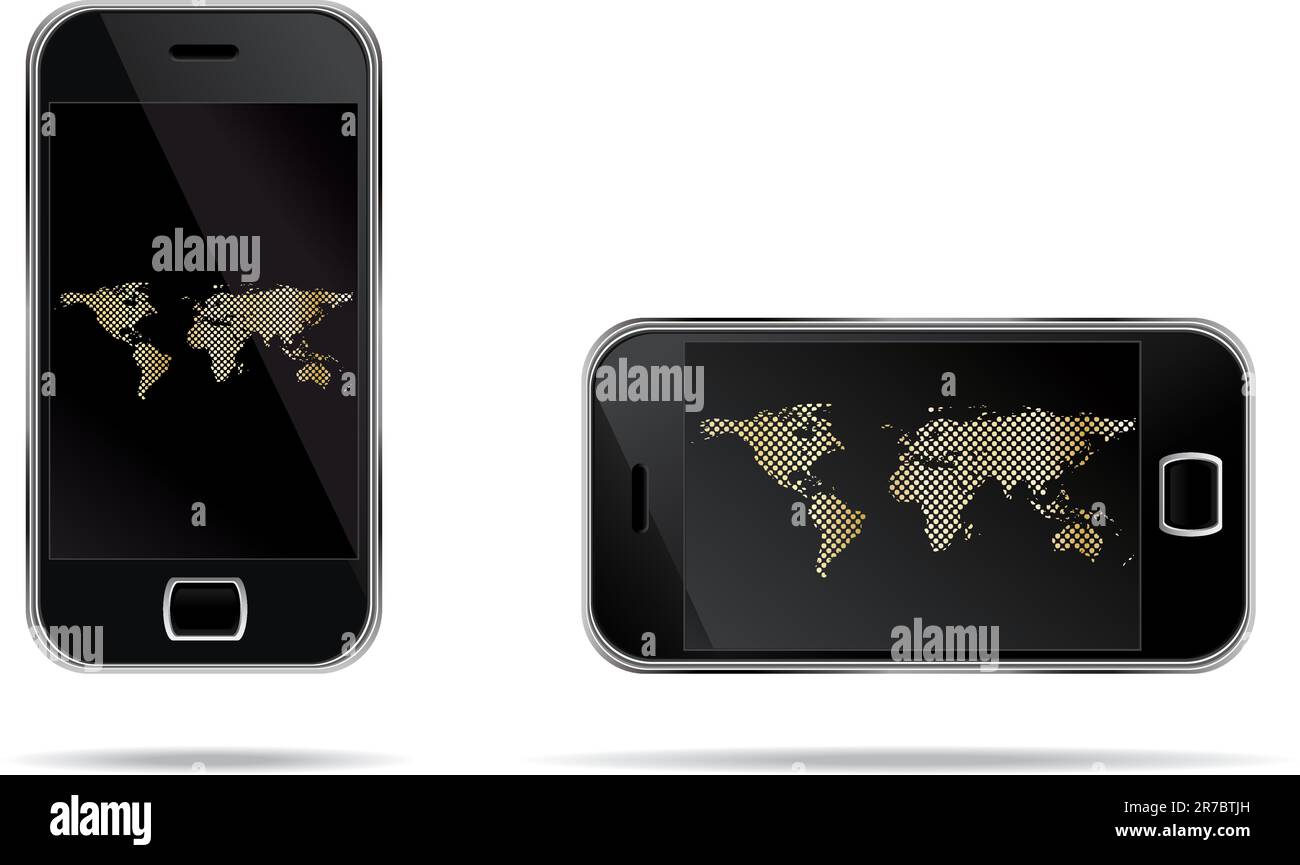 two mobile phones with golden world map, vector illustration Stock ...