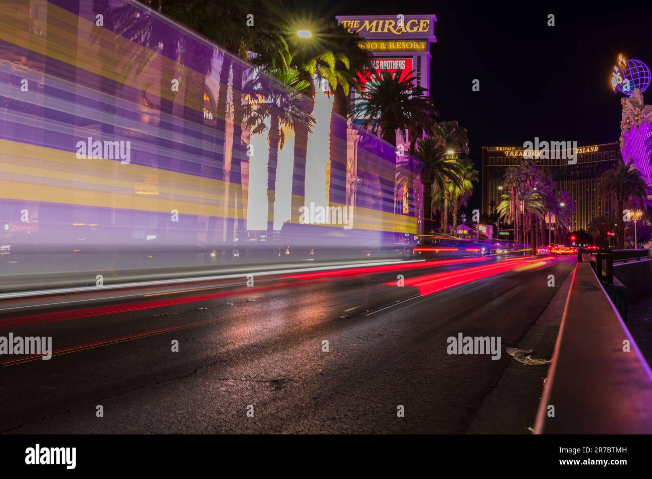 Gorgeous out-of-focus colorful tracers of Strip road. Night Las Vegas cityscape view. Nevada ...