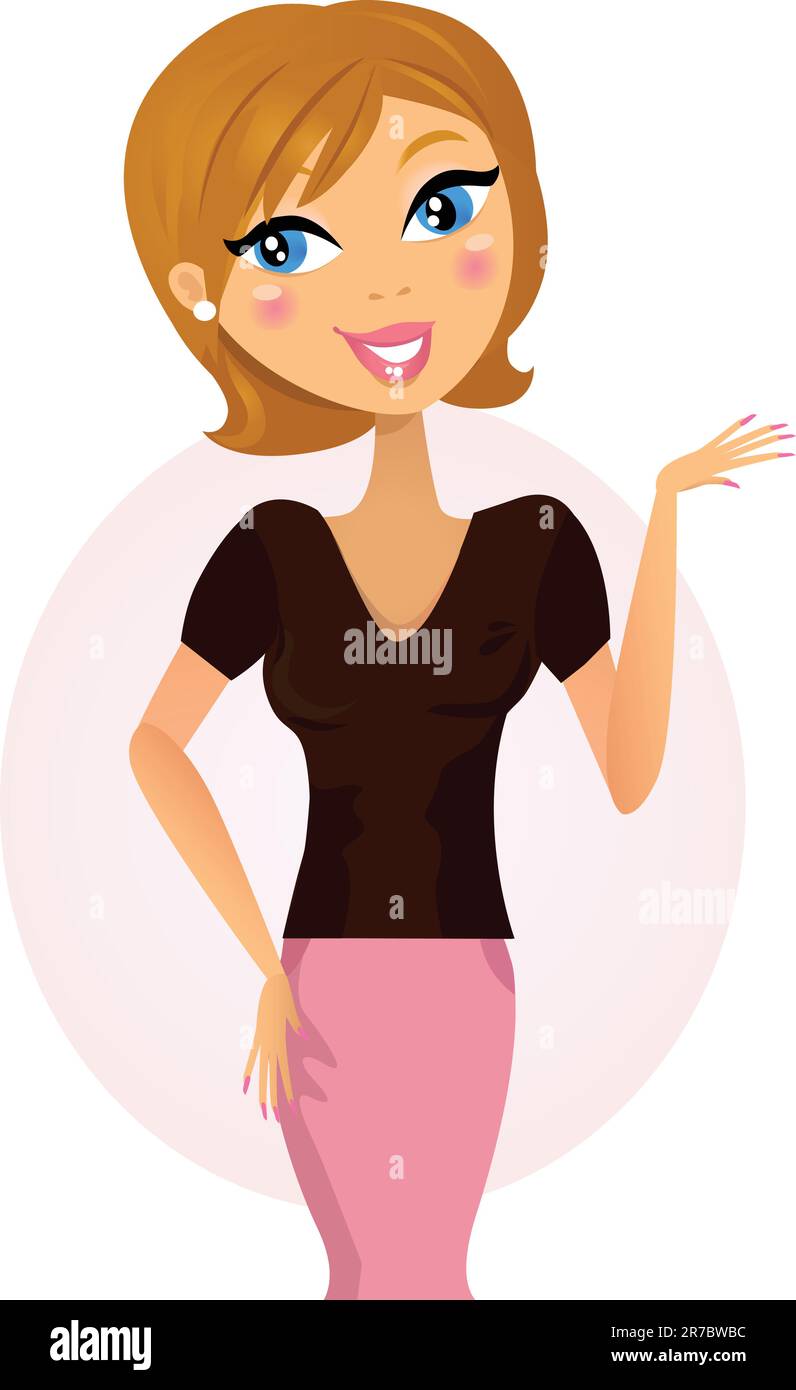 Happy smiling woman explaining something with hand. Vector Illustration ...