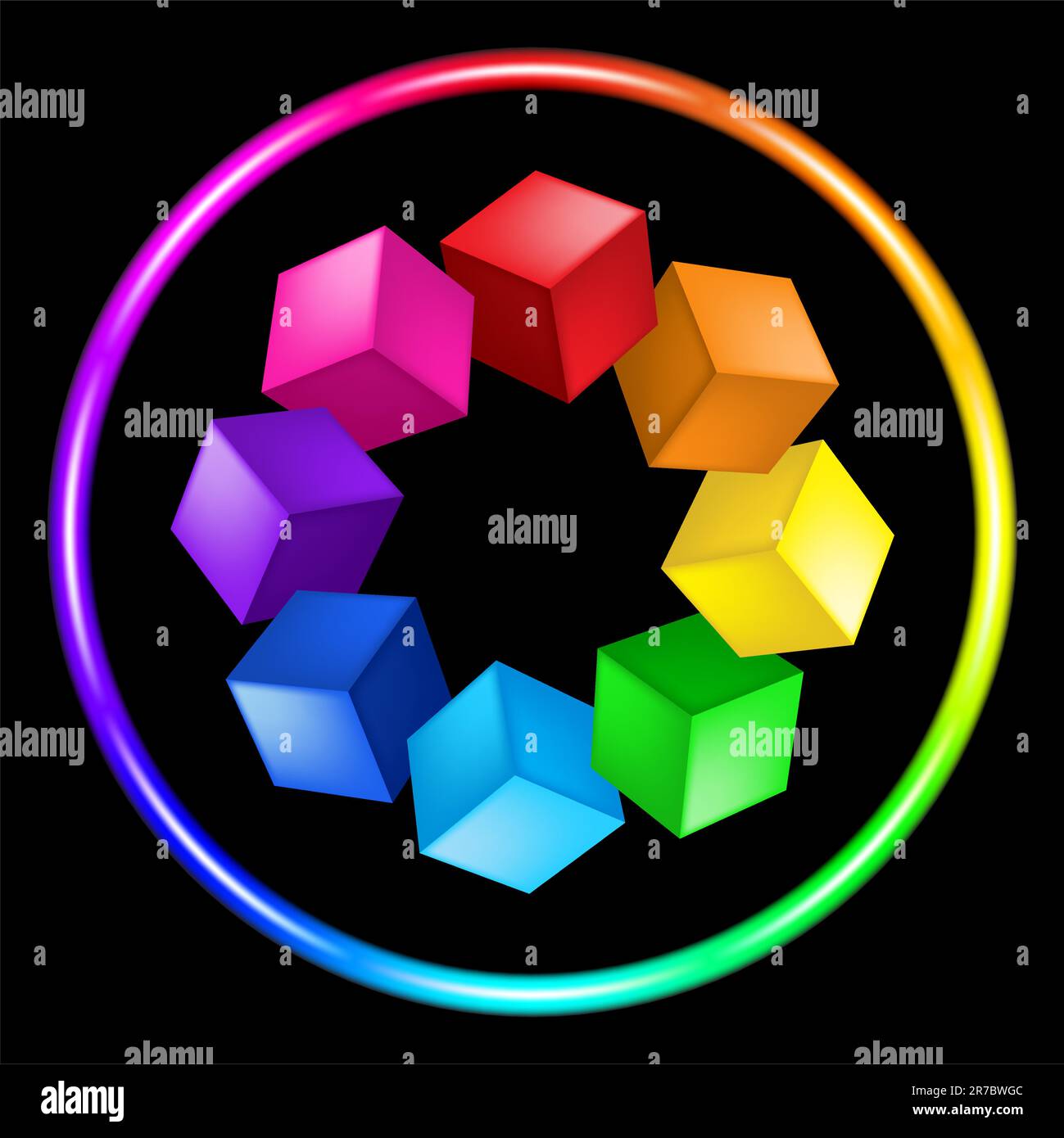 Illustration of cubes and ring of the different color on black Stock ...