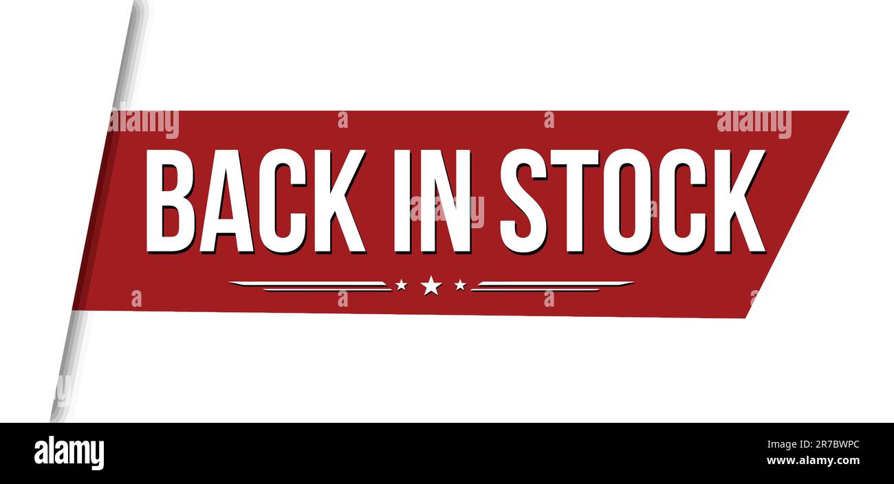 Back in stock red ribbon or banner design on white background, vector ...