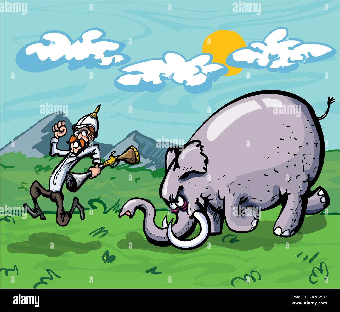 Cartoon of a hunter chased by an elephant. Mountains and sky in the ...