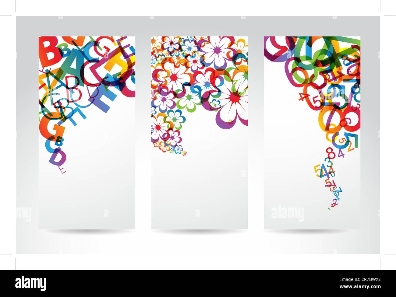 Vertical Banners with colorful rainbow numbers, letters, flowers Stock ...