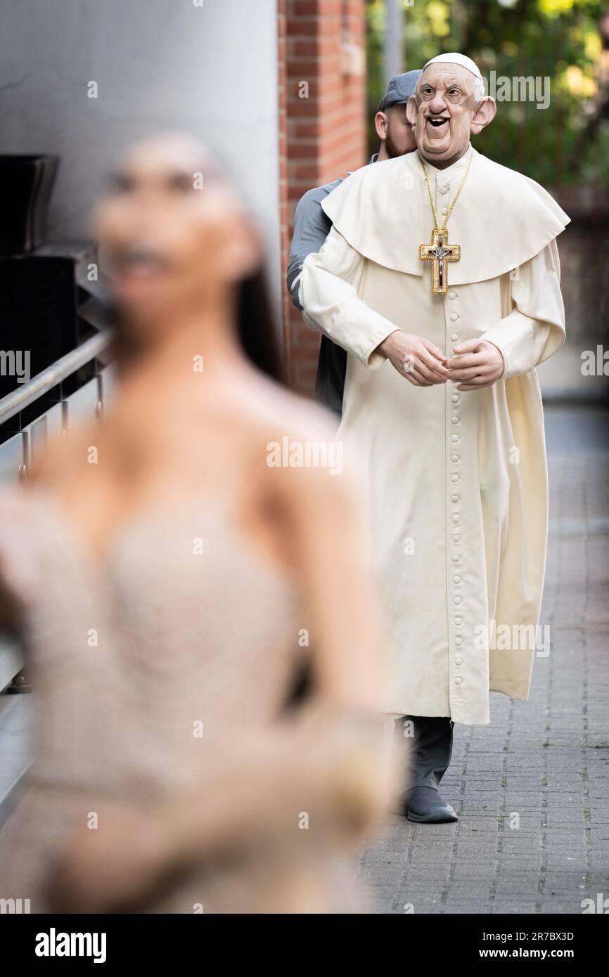 A puppet of Pope Francis arriving for the opening night of Idiots ...