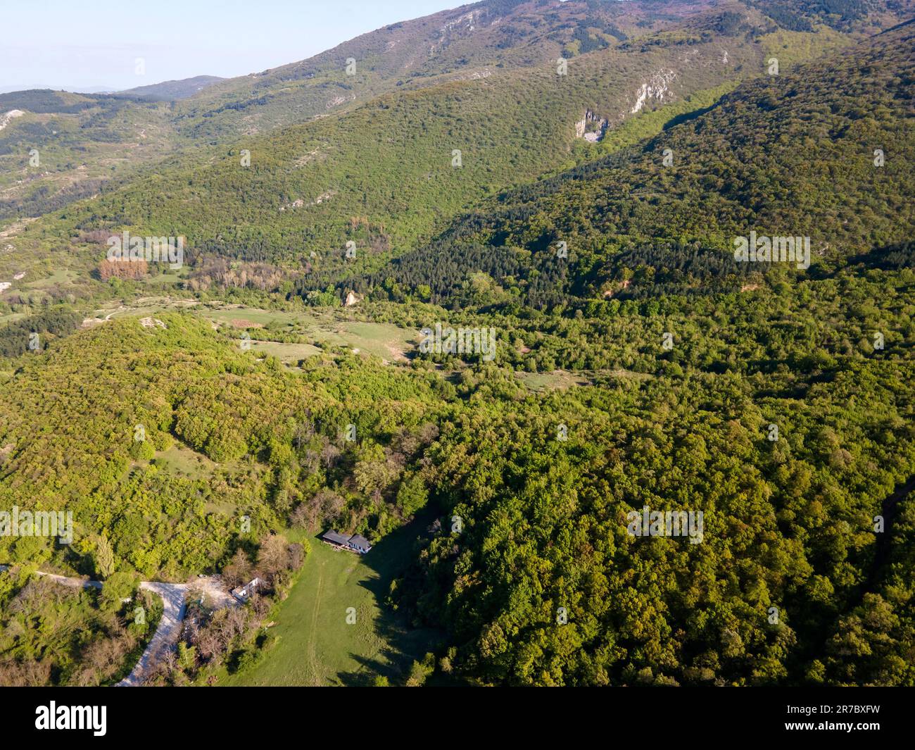 Aerial spring view of Rhodopes Mountain near town of Kuklen, Plovdiv ...