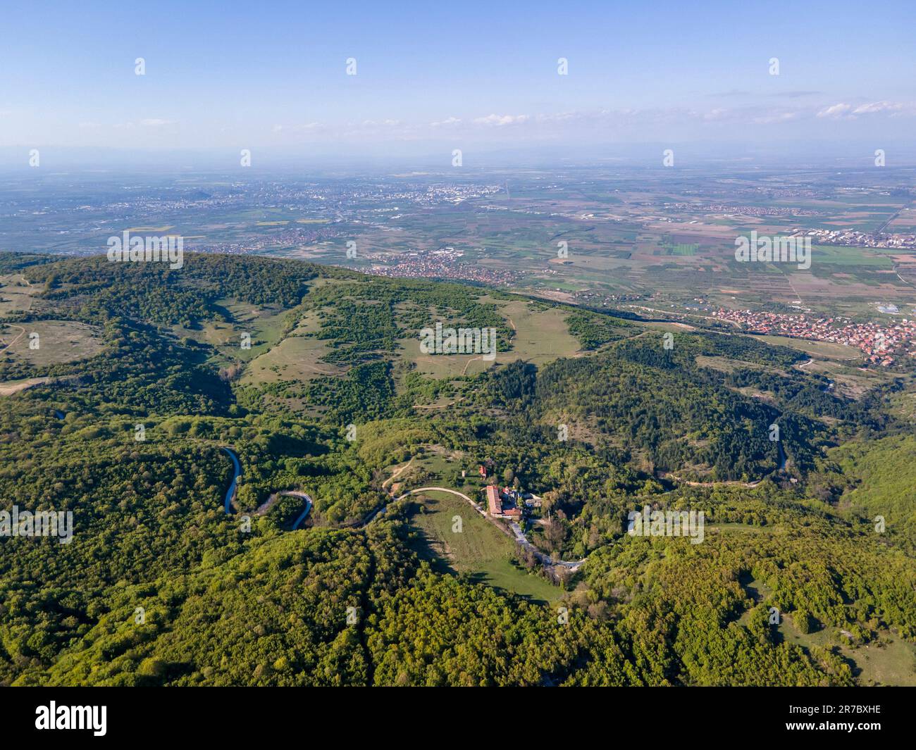 Aerial spring view of Rhodopes Mountain near town of Kuklen, Plovdiv ...
