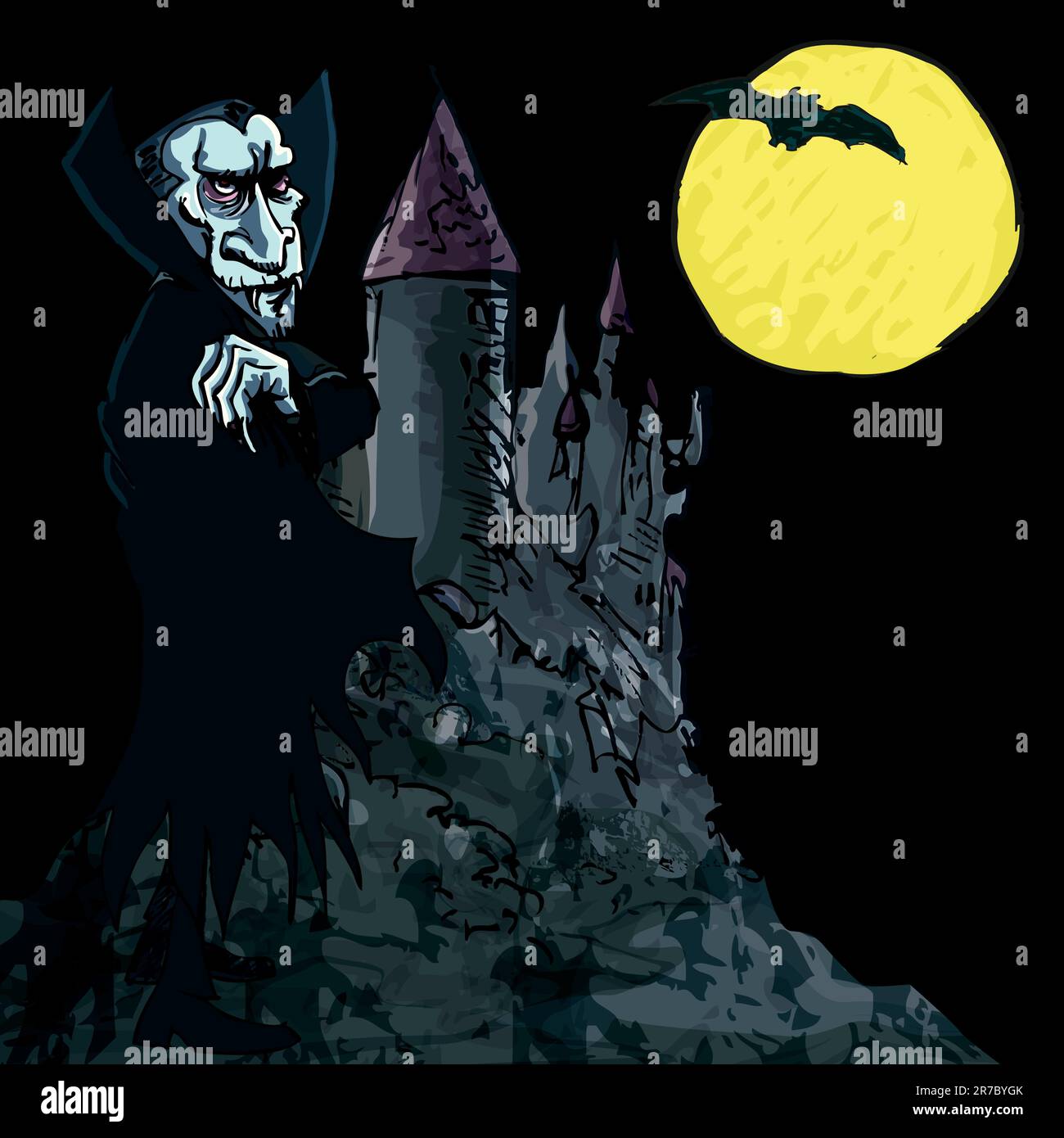 Cartoon Vampire with a castle and moon in the background Stock Vector ...