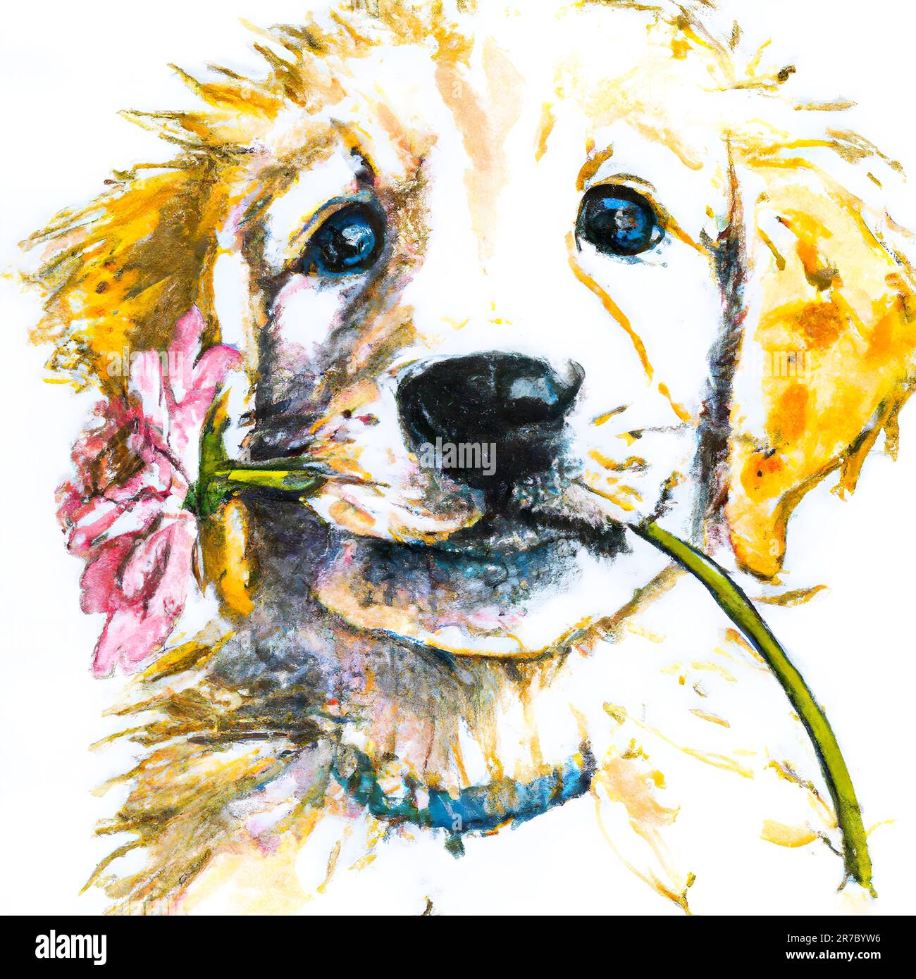 A vivid watercolor painting of a cheerful dog holding a vibrant pink ...