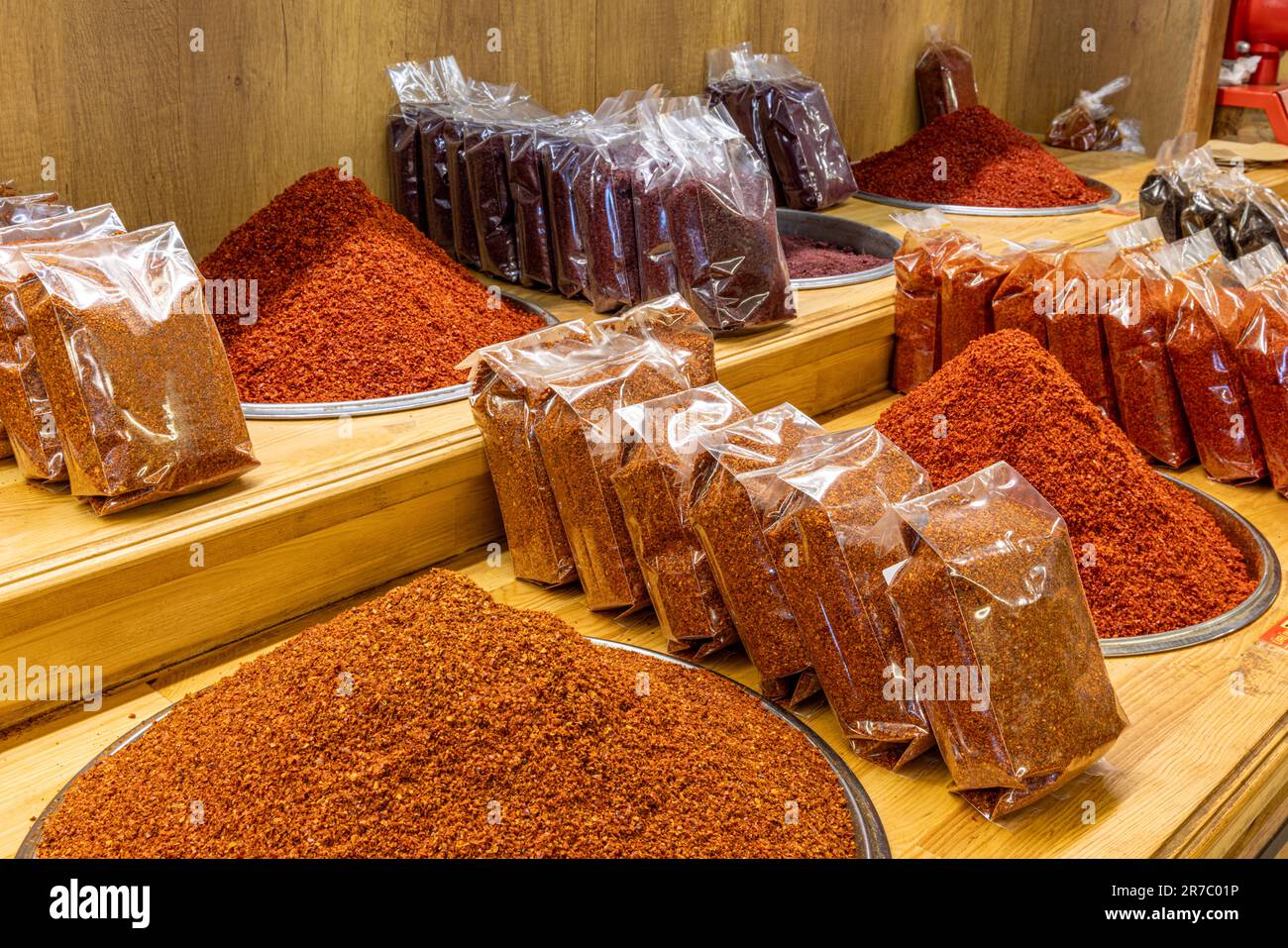 Various spices, peppers and herbs close-up top view. Eastern spice ...
