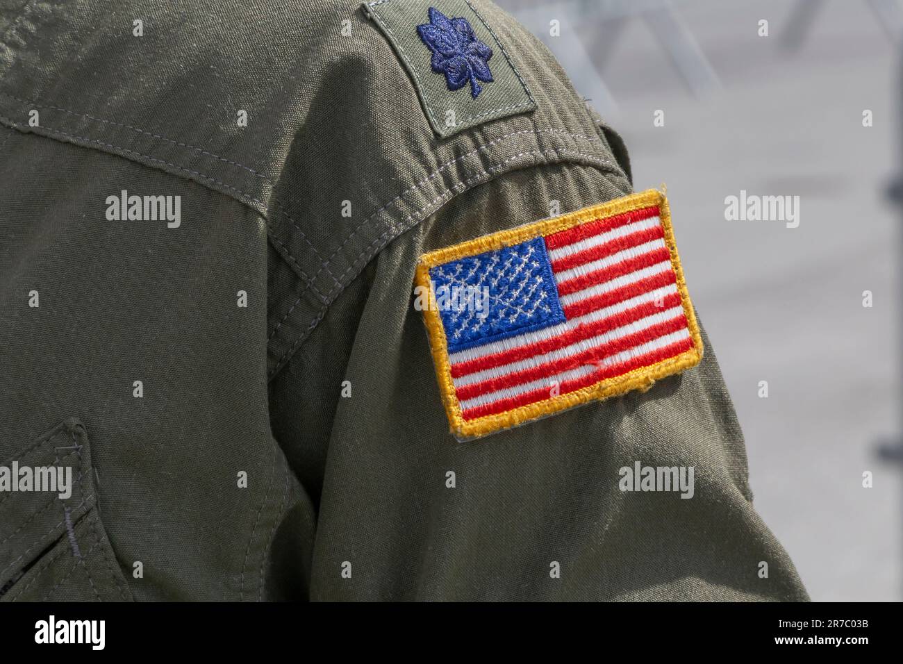 close up of United States flag badge on sleeve of Air Force officer ...