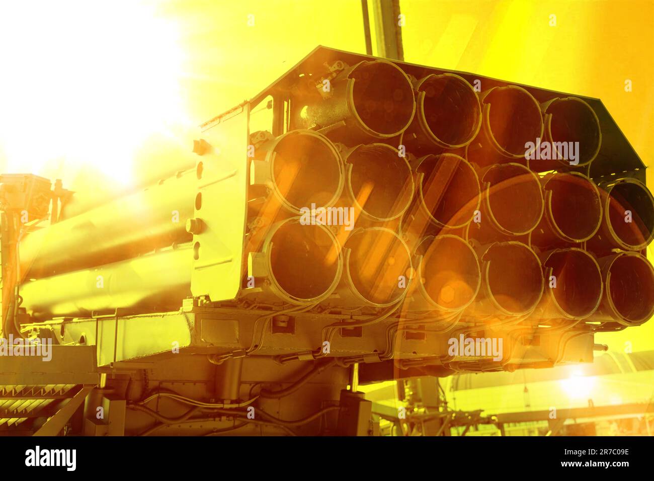 Barrels of multiple launch rocket systems, close-up, military equipment ...