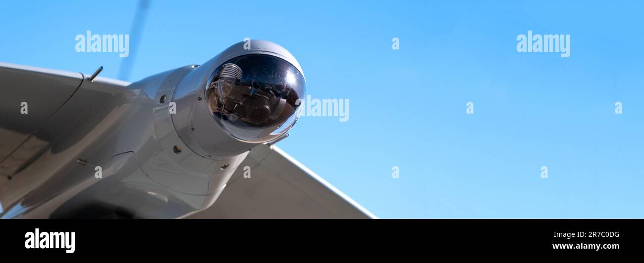 Camera in the head of an unmanned military drone close-up, modern ...