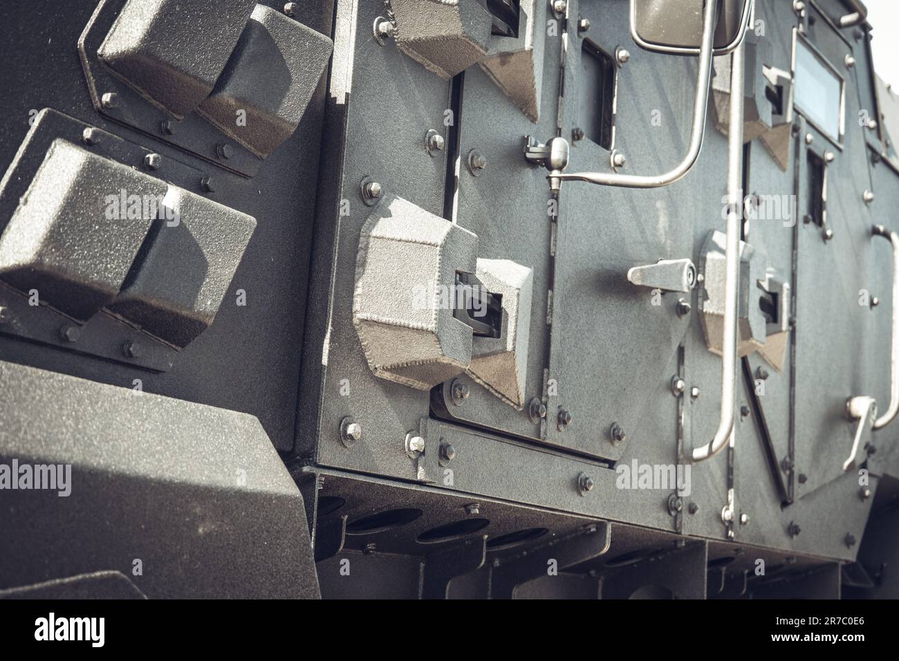 Close-up of the body of an armored military vehicle. Modern military ...